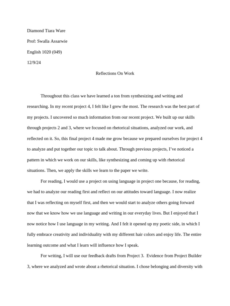 Reflection On Work Essay - English 1020 (049) - Diamond Tiara Ware-1 ...