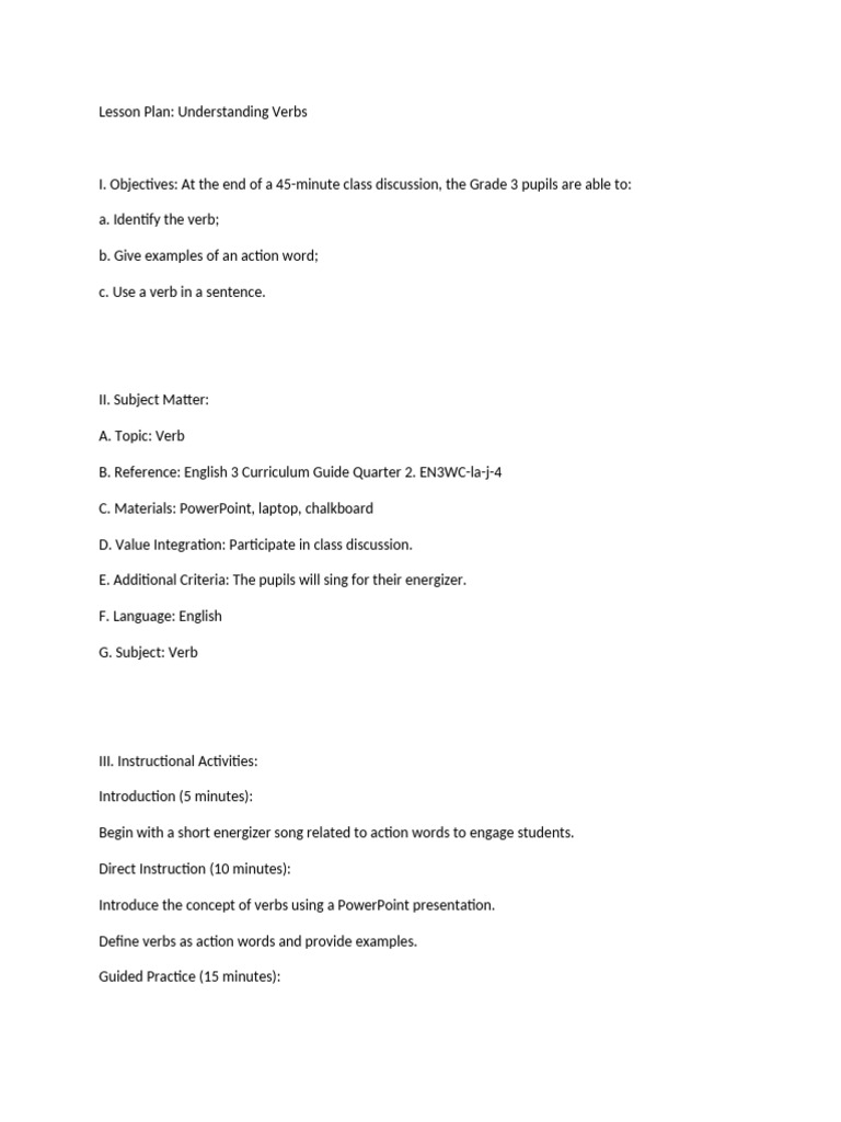 Grade 3 Verb Lesson Plan | PDF