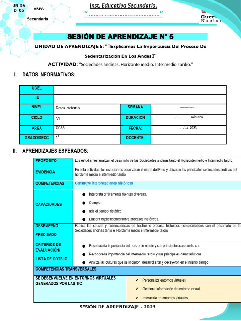 Sesion CCSS 1° Sec-Semana 05 Uni 5 | PDF | Aprendizaje | Enseñando