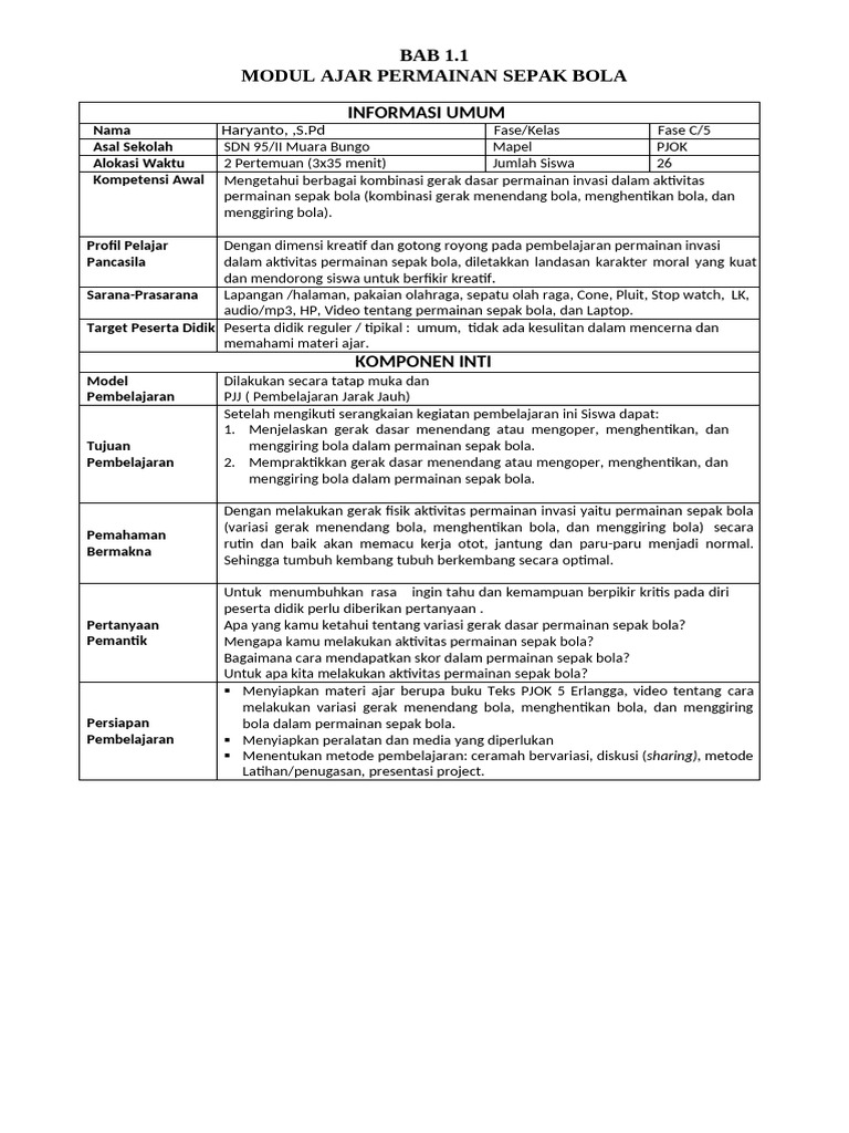 MODUL AJAR PJOK 5 BAB 1.1 (permainan sepak bola) | PDF