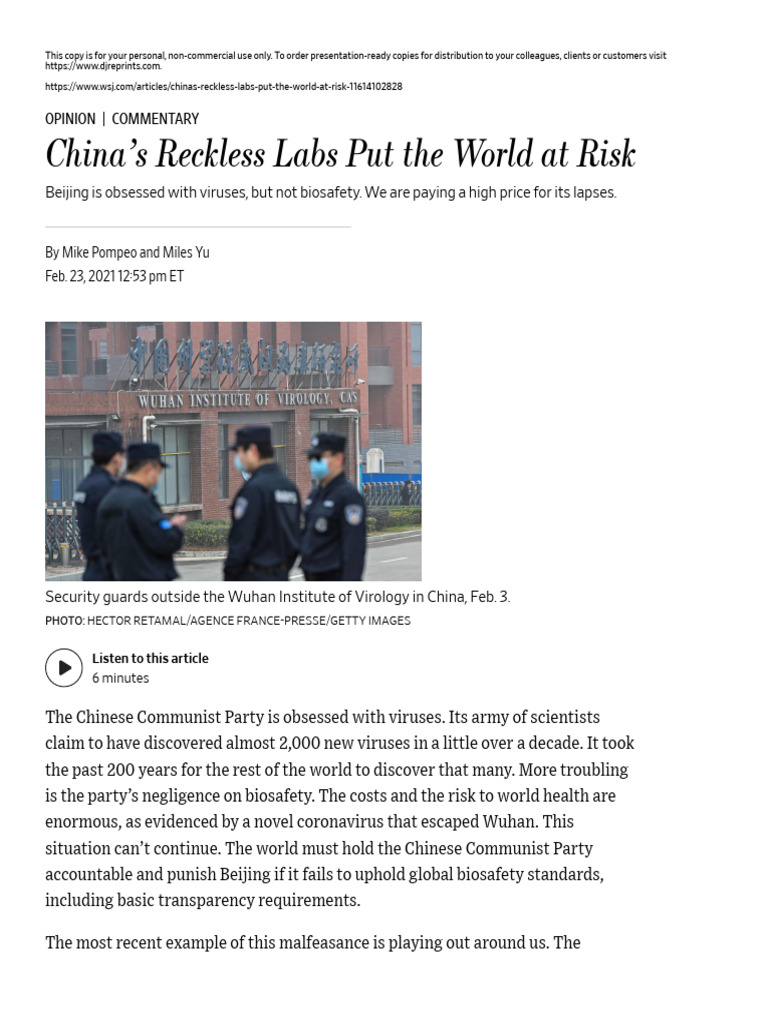 chinas-reckless-labs-put-the-world-at-risk-11614102828 | PDF | Health Sciences