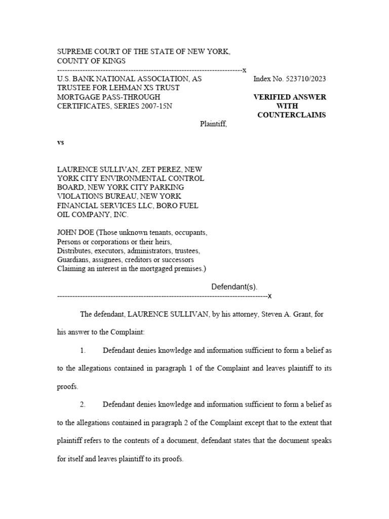 Verified Answer with Counterclaims in Foreclosure | PDF | Legal Remedy ...
