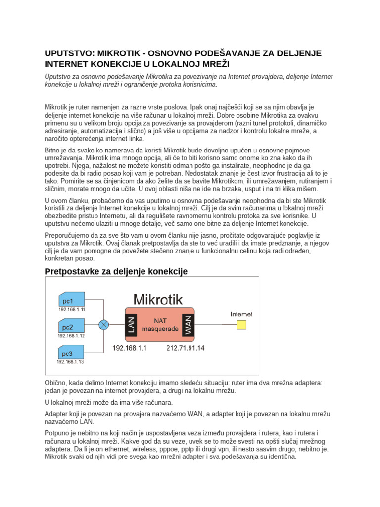 Uputstvo Mikrotik - Osnovno Podešavanje Za Deljenje Internet Konekcije U Lokalnoj Mreži | PDF