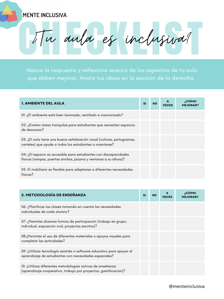 Checklist ¿Tu Aula Es Inclusiva | PDF | Salón de clases | Enseñando