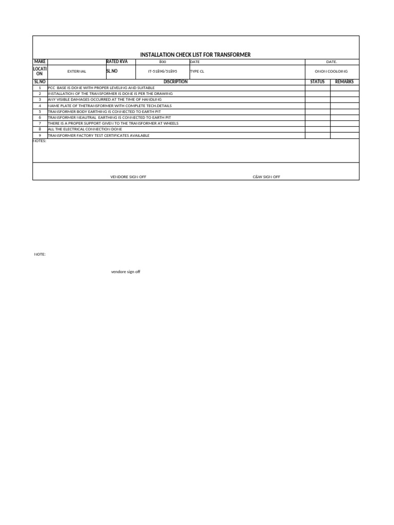 Installation Check List TFR | PDF