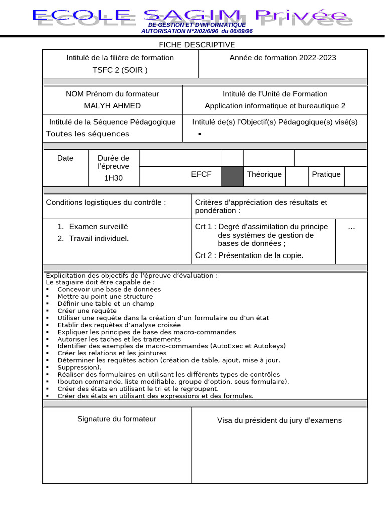 Fiche descriptive TSFC 2 - 2022-2023 | PDF