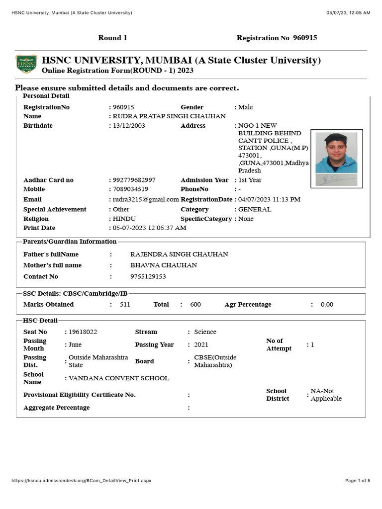 HSNC University Admission Form 2023 | PDF