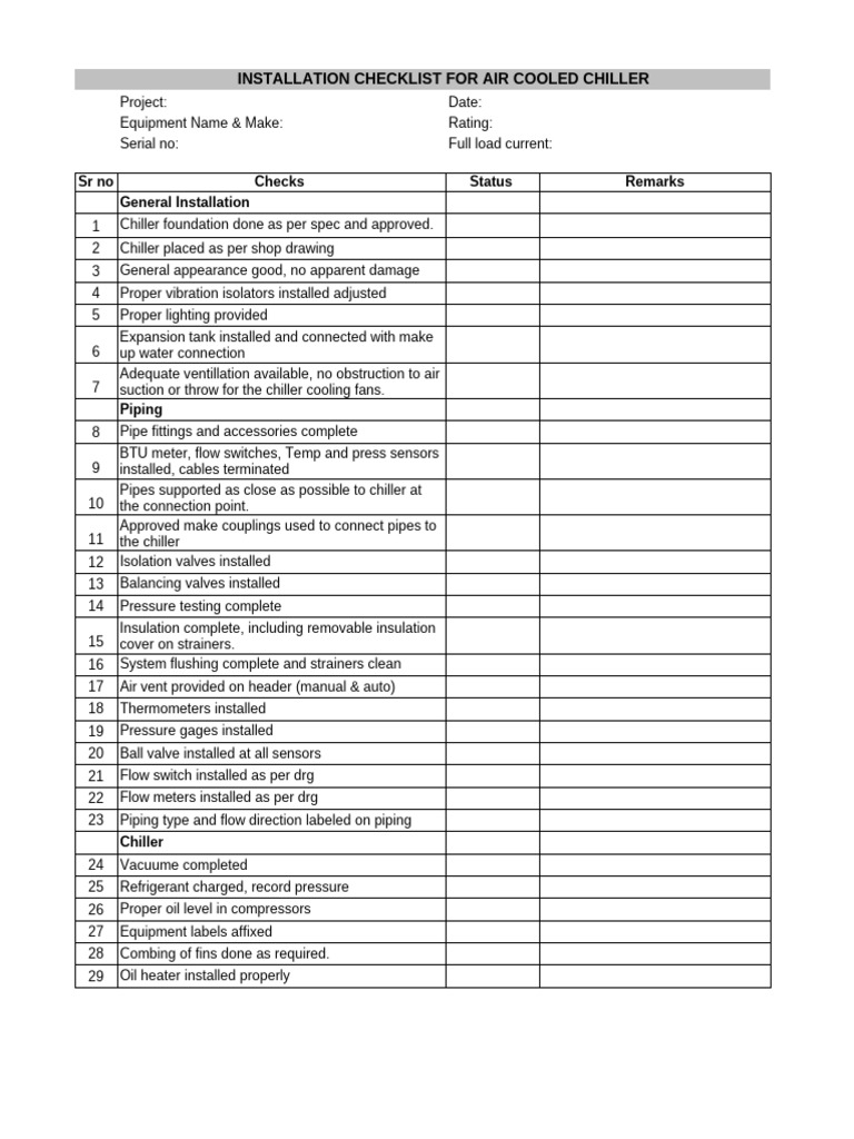 Installation Checklist For Air Cooled Chiller Rev 0 | PDF | Switch | Valve