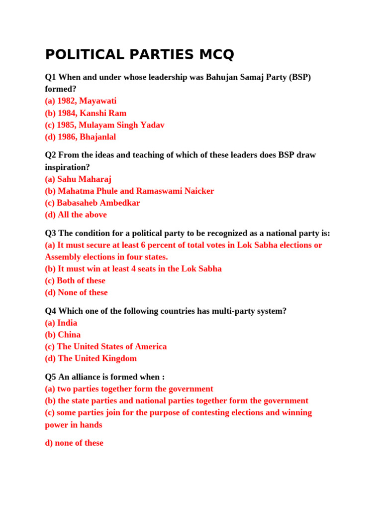 CH4 - Political Parties - Objective | PDF | Elections | Politics Of India