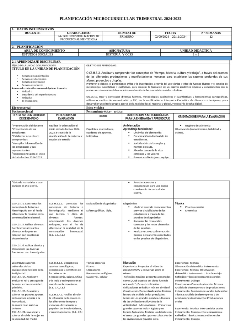 Planificaciones Historia 2do Bgu Industrias 2024 1 Trimestre | PDF | Edades medias | imperio Romano
