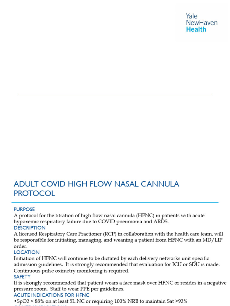 Adult High Flow Nasal Cannula Protocol For COVID Patients | PDF