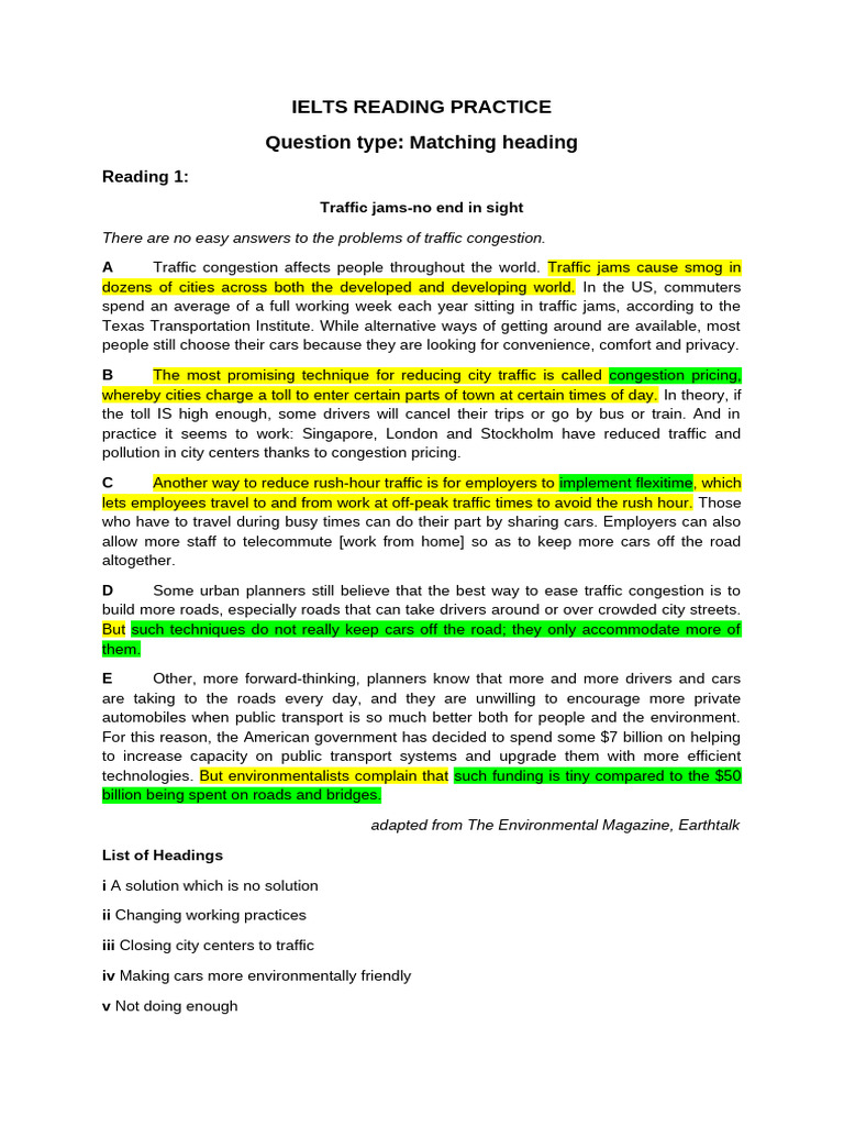 Reading Practice - Matching Headings | PDF | Traffic Congestion | Foods