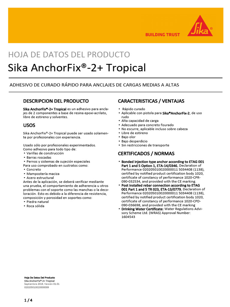 Sika AnchorFix®-2+ Tropical: Guía de Uso | PDF | Perforación | Hormigón