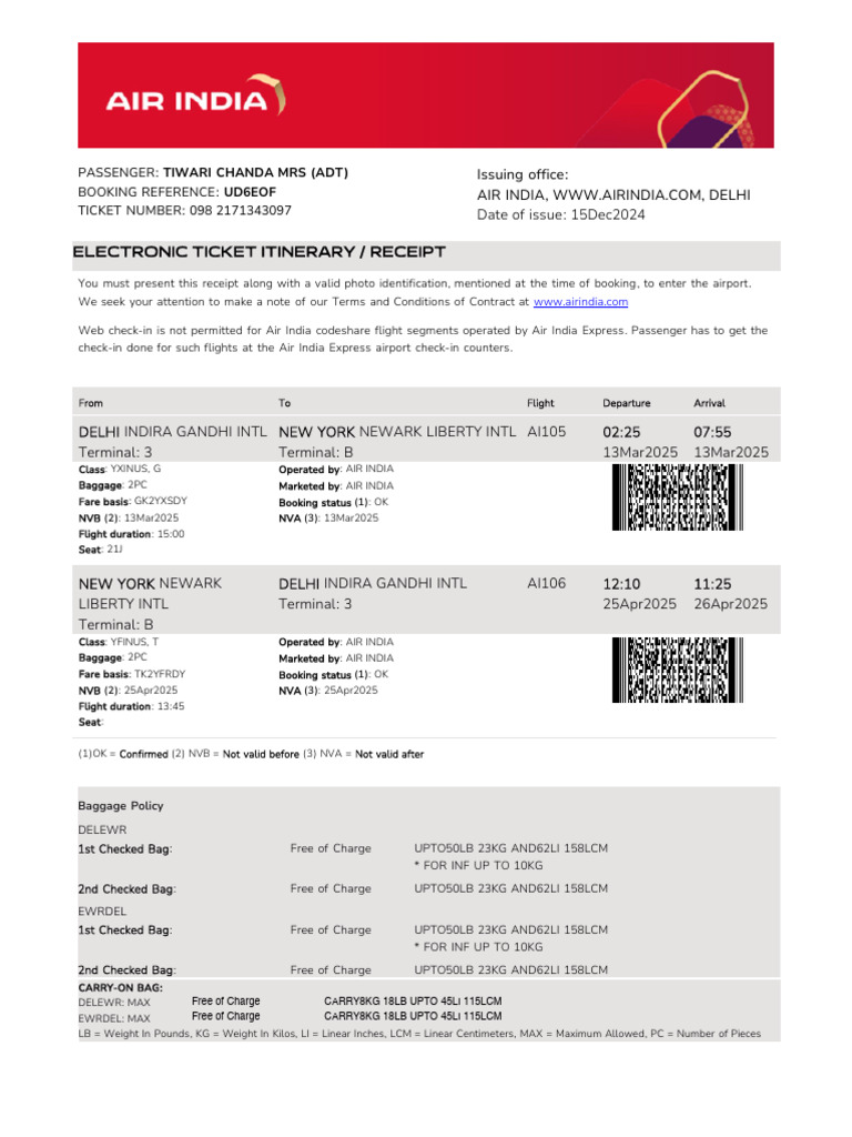 Air India Web Booking Eticket (UD6EOF) - CHANDA | PDF | Aviation