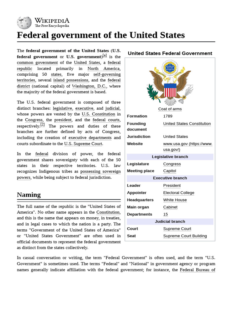 Federal Government of The United States | PDF | Federal Government Of ...