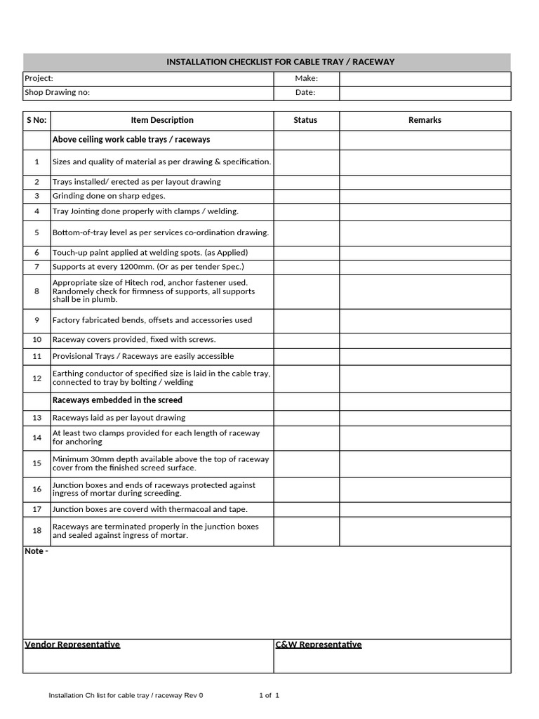 Installation Checklist For Tray - Raceway | PDF