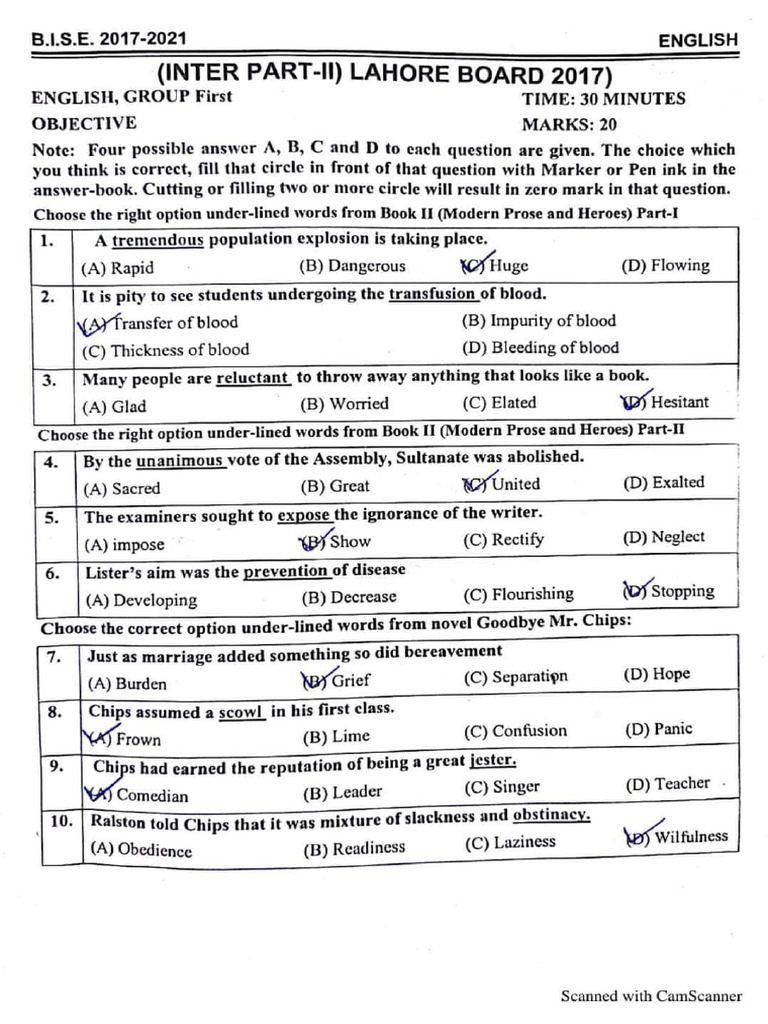 English Inter Part 2 Past Paper MCQ EXAM 2022 | PDF