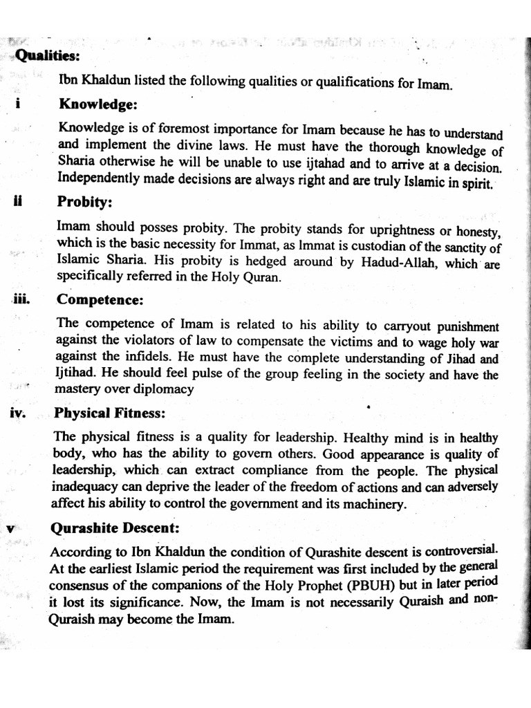 Khalduns Qualities For Qualifications of Imam | PDF