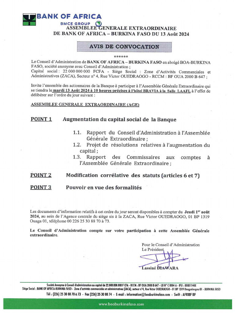 Avis de Convocation - Assemblee Generale Extraordinaire - Boa BF | PDF