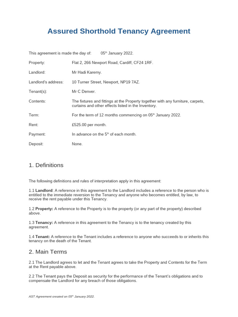 Assured Shorthold Tenancy Agreement | PDF | Leasehold Estate | Landlord