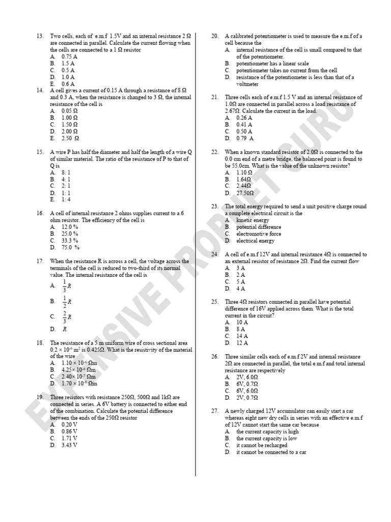 Utme Current Electricity 2 | PDF | Electronic Engineering | Metrology