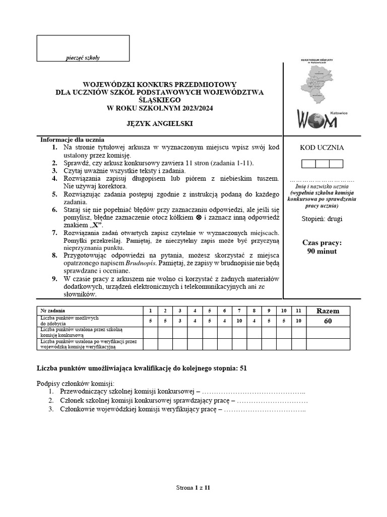 Konkurs Kuratoryjny Angielski 2024 Rejonowy Slaskie | PDF