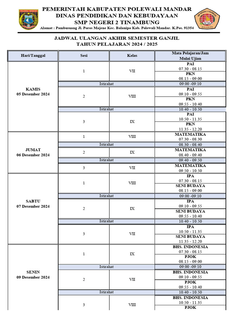 Jadwal Ujian Akhir Semester Ganjil 2024 | PDF