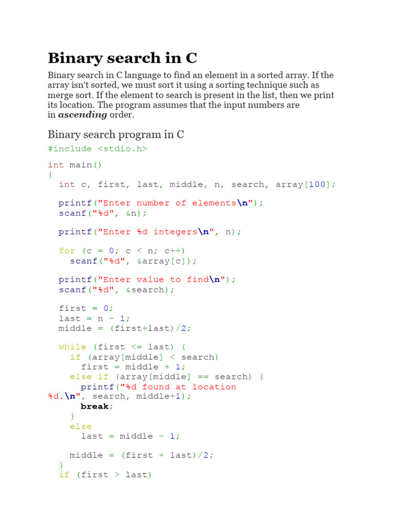Binary Search Program in C | PDF