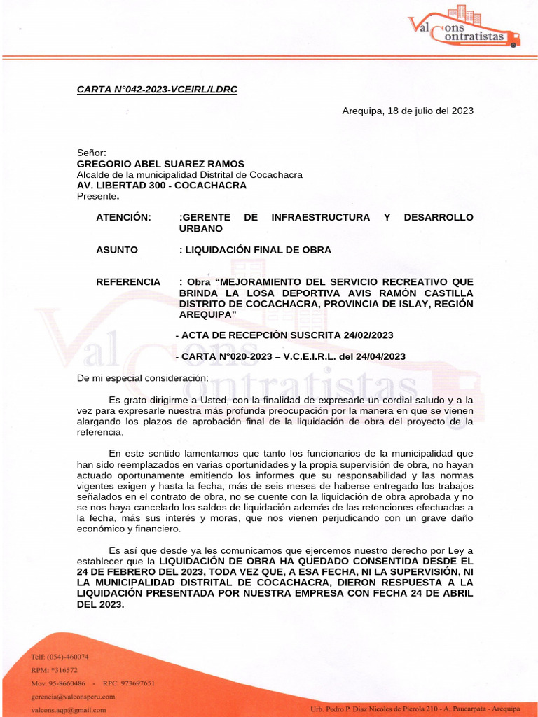 Carta Consentimiento de Liquidación de Obra v2 | PDF
