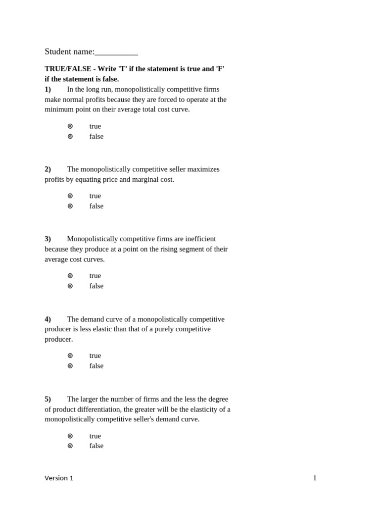 Monopolistic Competition Quiz | PDF | Profit (Economics) | Monopoly