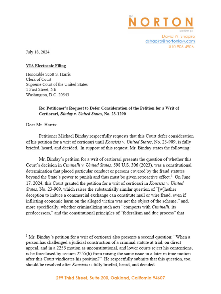 Request to Defer Writ of Certiorari | PDF | Certiorari | Supreme Court ...