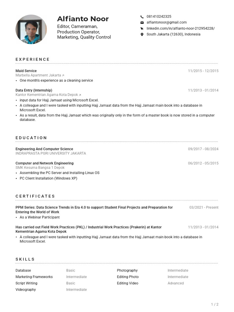Alfianto Noor - Editor, Cameraman, Production Operator, Marketing, Quality Control - CV | PDF ...