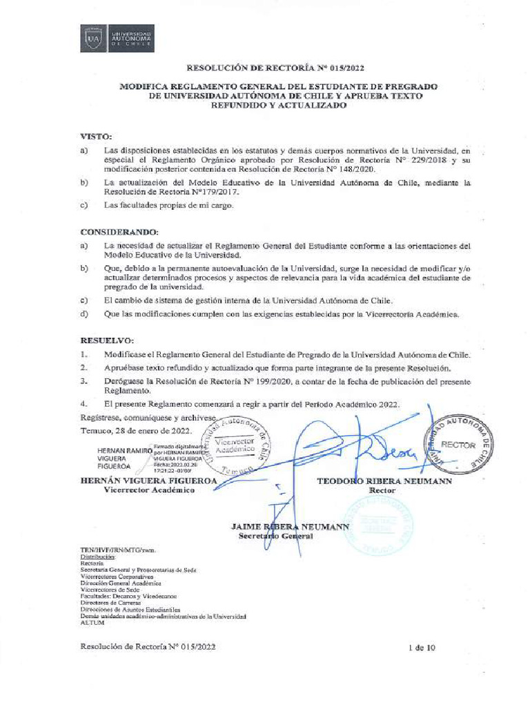 RES. RECTORIA No 015 2022 Modifica Reglamento General Del Estudiante de Pregrado UA y Aprueb ...