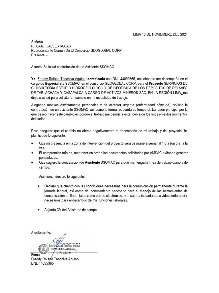 Solicitud Asistente SSOMAC Urgente | PDF