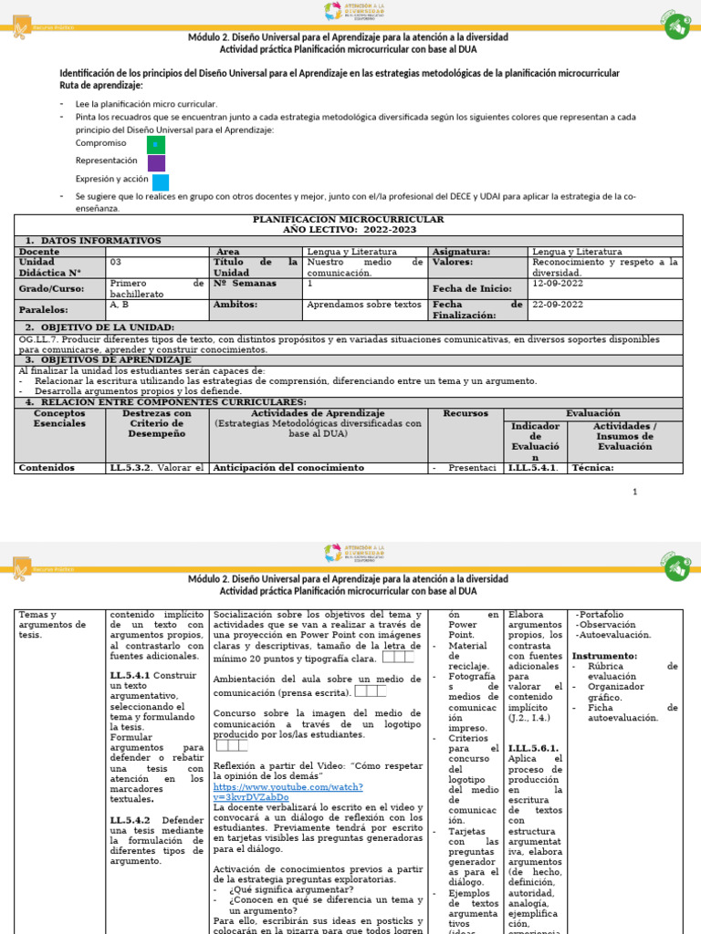 Anexo 10a. Ruta de Aprendizaje Actividad Planificación Microcurricular Con Base Al DUA y ACI ...