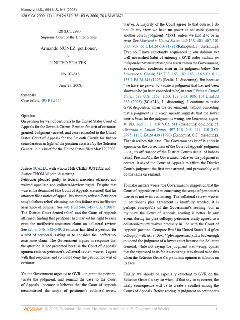 Nunez V US Vacated Due To Change in Position of SG | PDF | Appeal ...