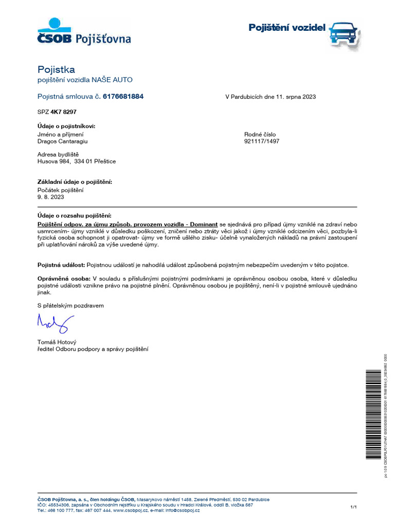 Pojistka A Zelena Karta CSOB Pojistovny | PDF