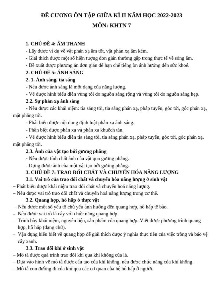 Đề Cương Gk II - Khtn 7 (22-23) | PDF