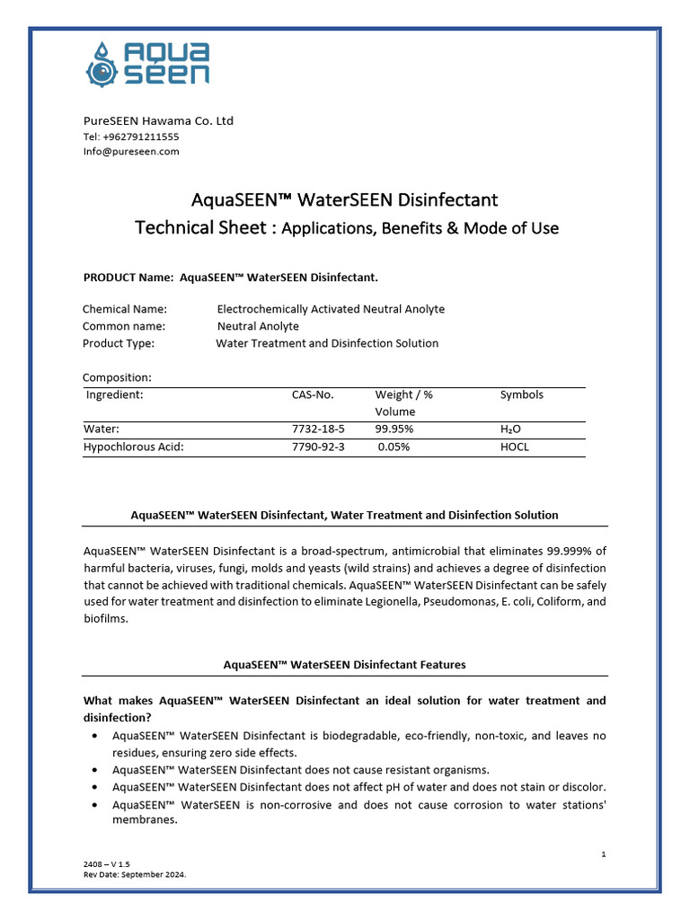 TechnicalSheet-AquaSEEN WaterSEEN Disinfectant | PDF | Disinfectant | Water Treatment