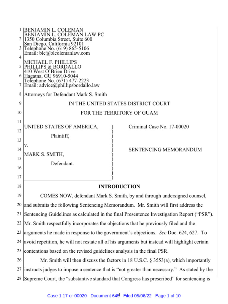 Smith - 645 - Sentencing Memorandum | PDF | United States Federal ...