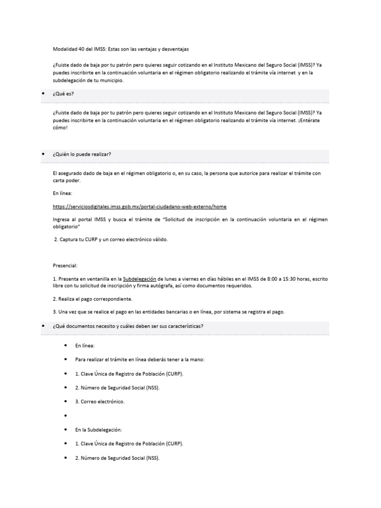 Modalidad 40 Del IMSS | PDF | Documento de identidad | Pensión