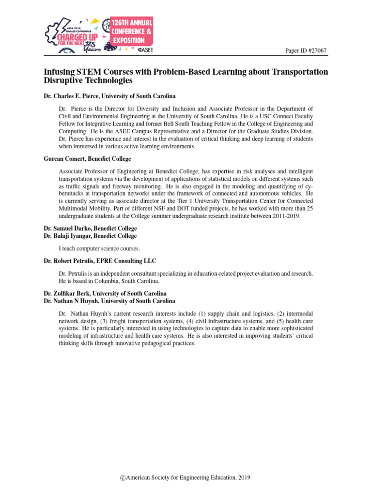 Infusing STEM Courses With Problem-Based Learning About Transportation Disruptive Technologies | PDF