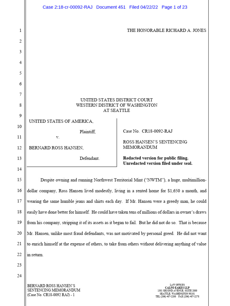 Hansen sentencing memo - 33 million restitution - 60 months custody ...