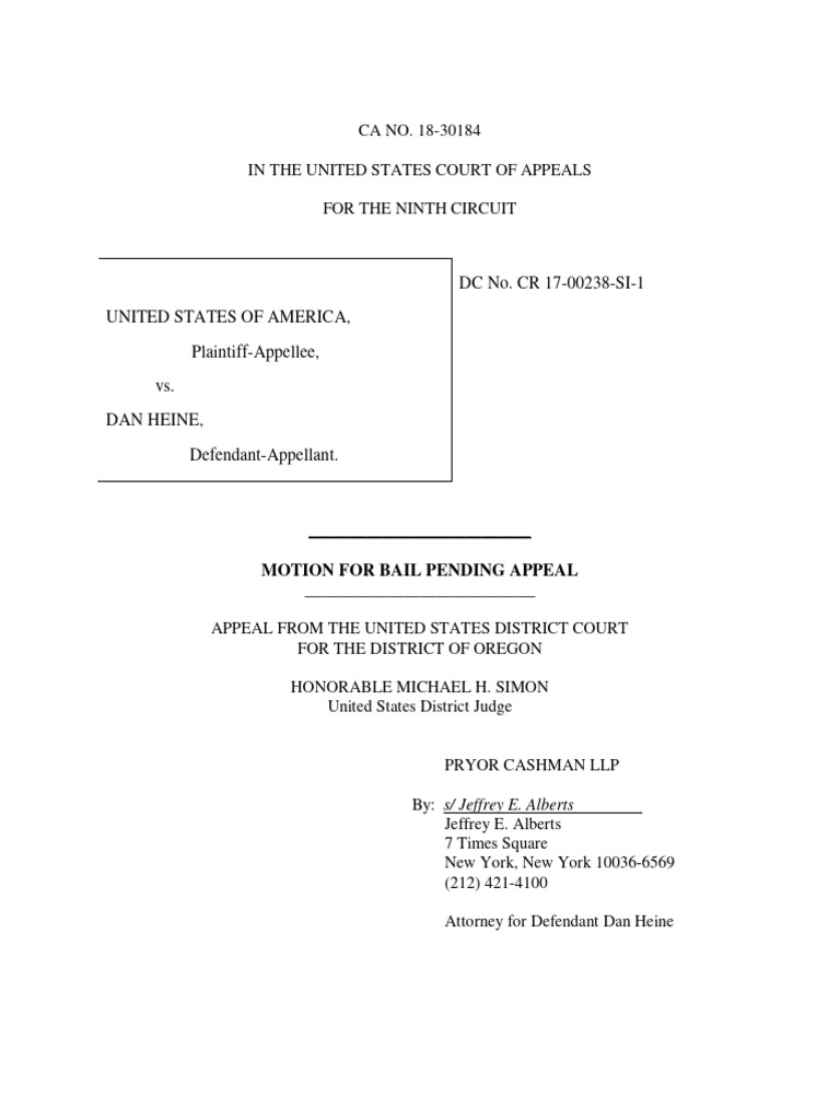 Heine Motion For Bail Pending Appeal | PDF | Continuance | Prejudice (Legal Term)