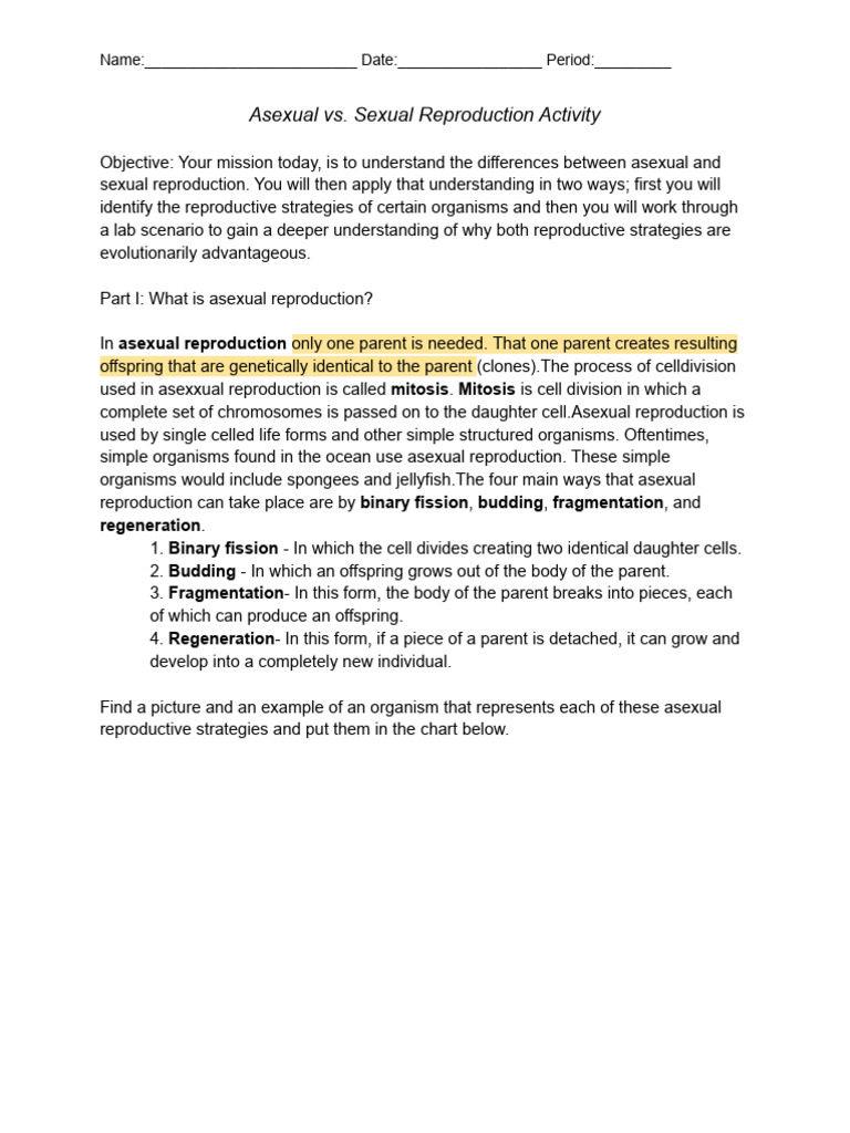 Asexual vs. Sexual Reproduction Activity | PDF | Reproduction ...