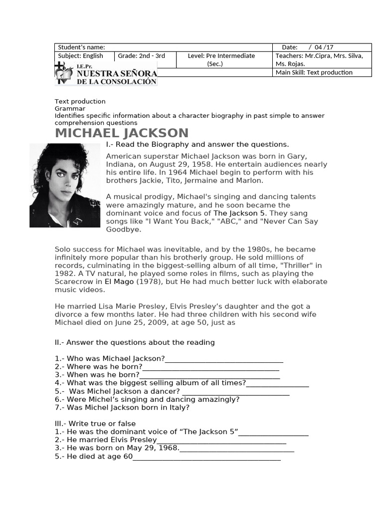 Michael Jackson Biography Exercise | PDF | Michael Jackson