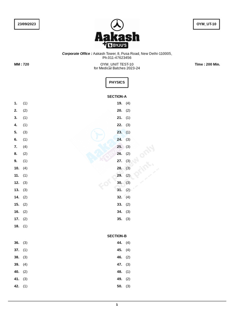 OYM - UNIT TEST-10 - Key & Hints | PDF | Reproduction | Biology