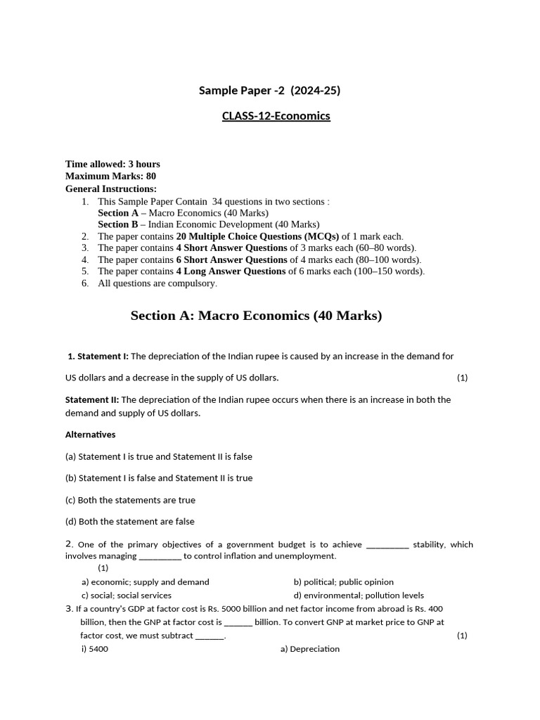 Economics Sample Paper CBSE Pattern 2024-25 | PDF | Fiscal Multiplier ...