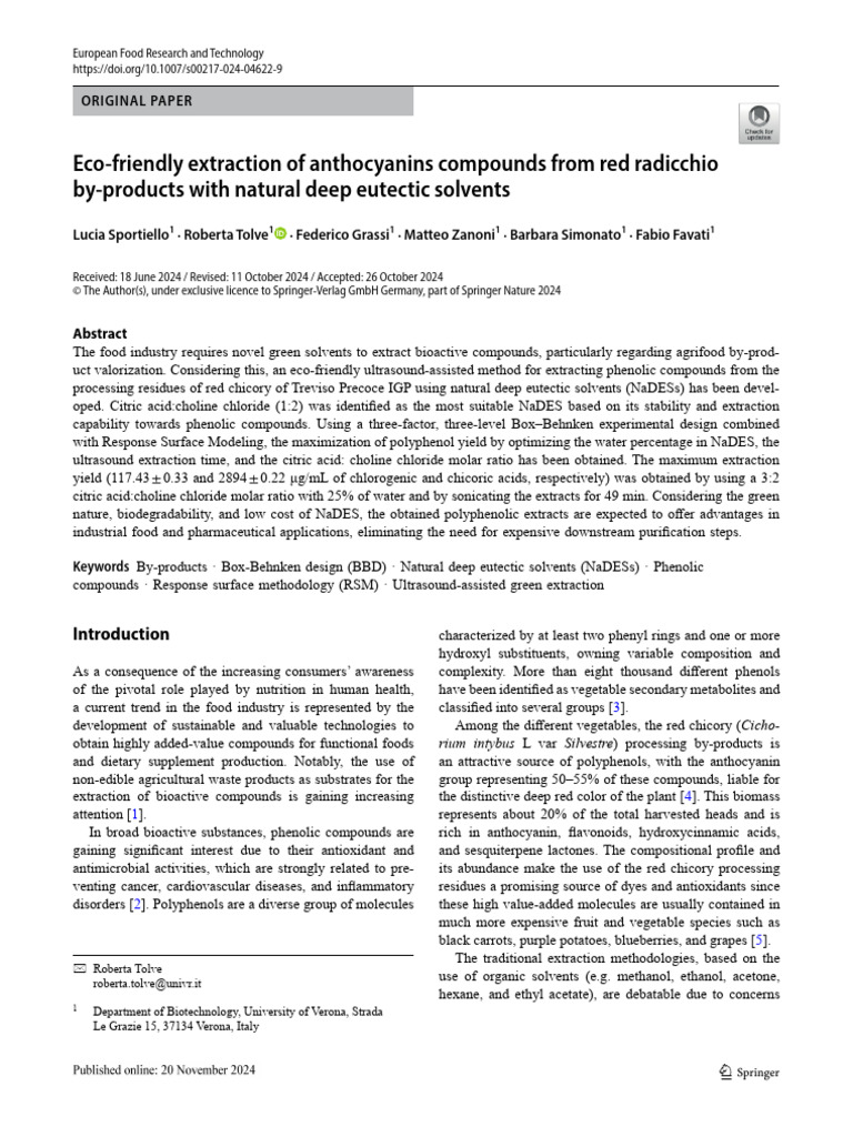 Eco-Friendly Extraction of Anthocyanins Compounds From Red Radicchio By-Products With Natural ...