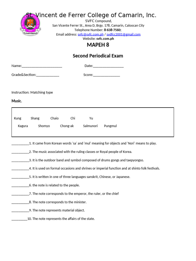 MAPEH 8 Exam 2rd Grading | PDF